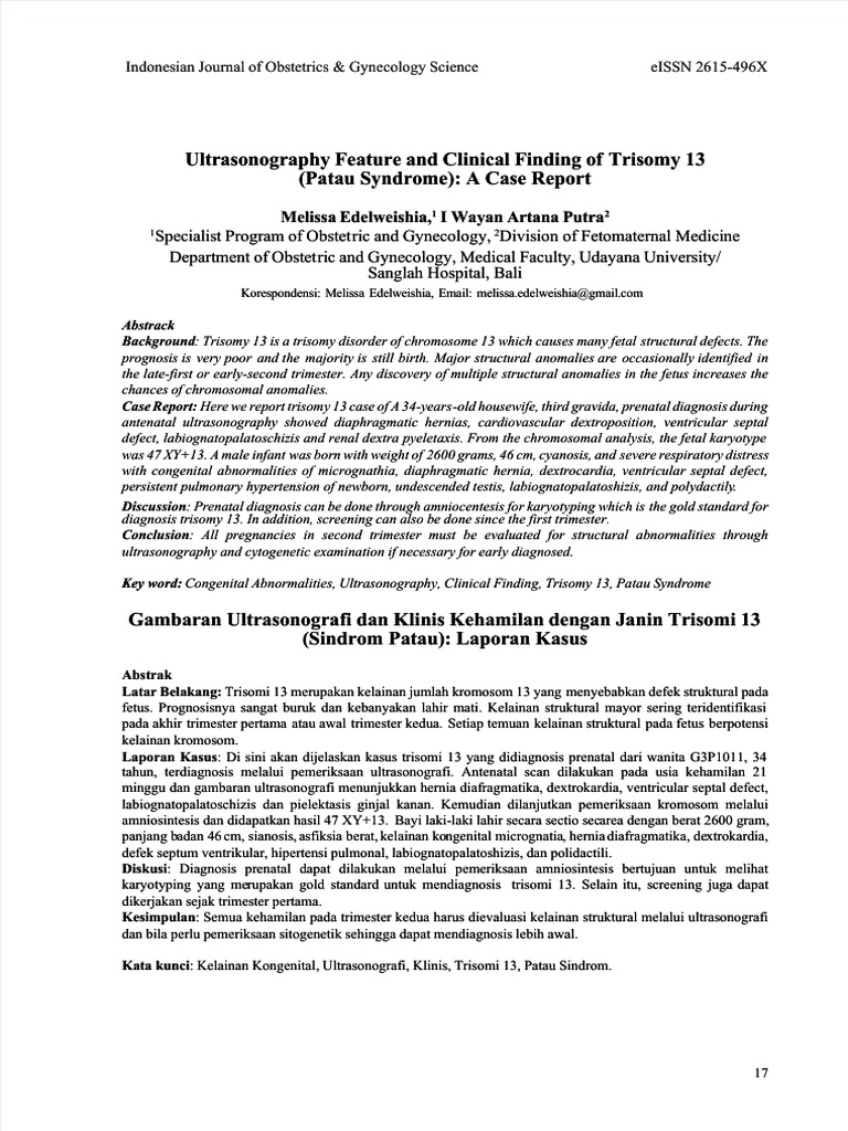 PDF Ultrasonography Feature and Clinical Finding of Trisomy 13 Patau ...