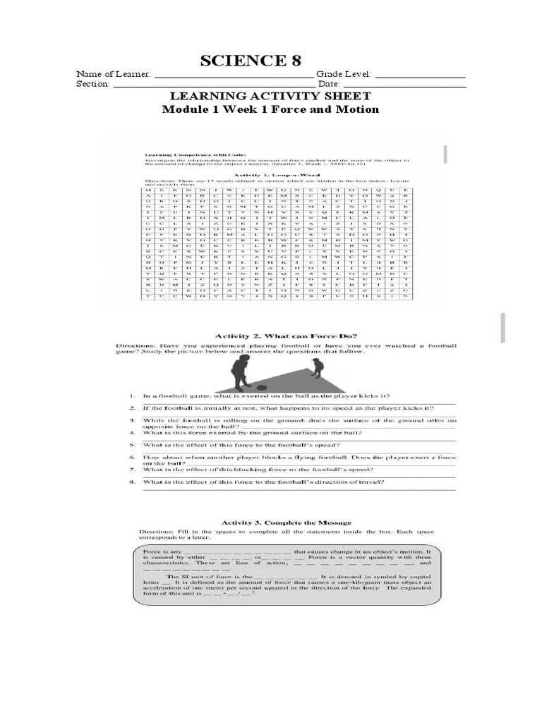 Science 8: Learning Activity Sheet Module 1 Week 1 Force and Motion | PDF
