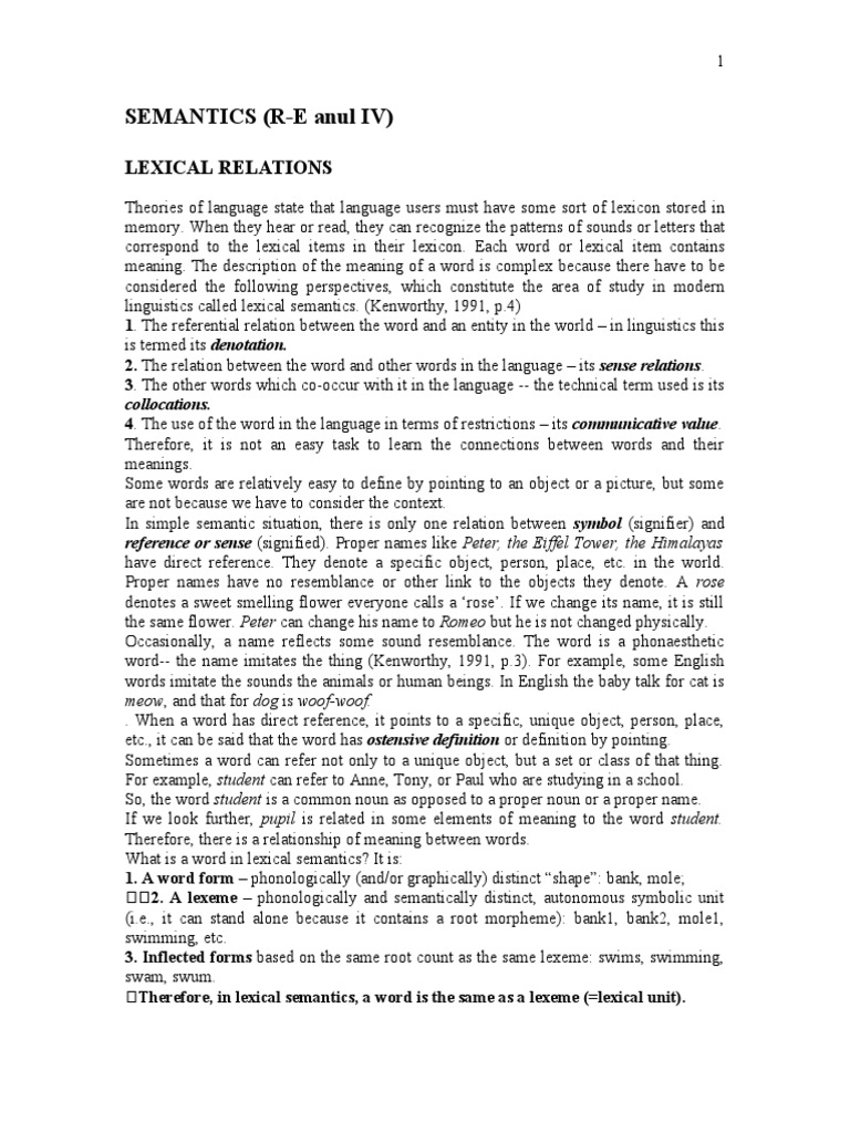 Semantics (R-E Anul Iv) : Lexical Relations | PDF | Lexicon | Lexical Semantics