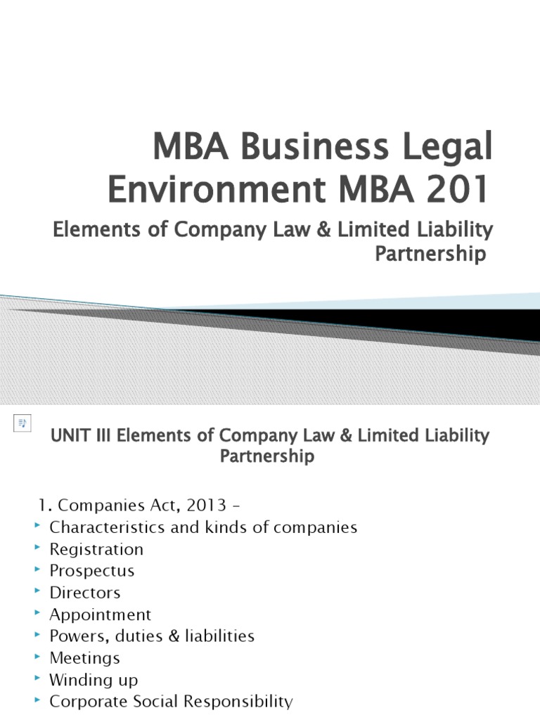 MBA Business Legal Environment MBA 201: Elements of Company Law ...