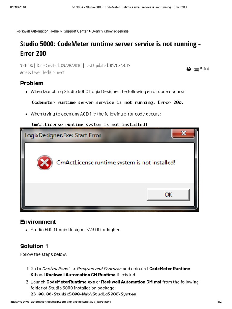 Studio 5000 CodeMeter Runtime Server Service Is Not Running Error 