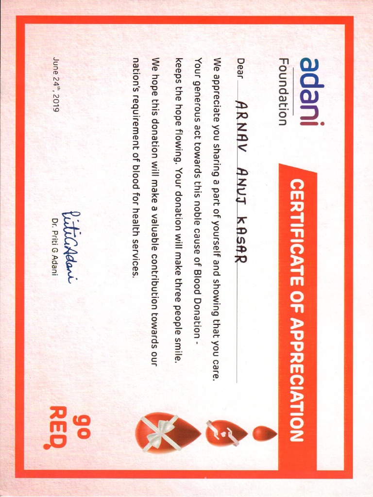 Blood Donation Certificate - Adani | PDF