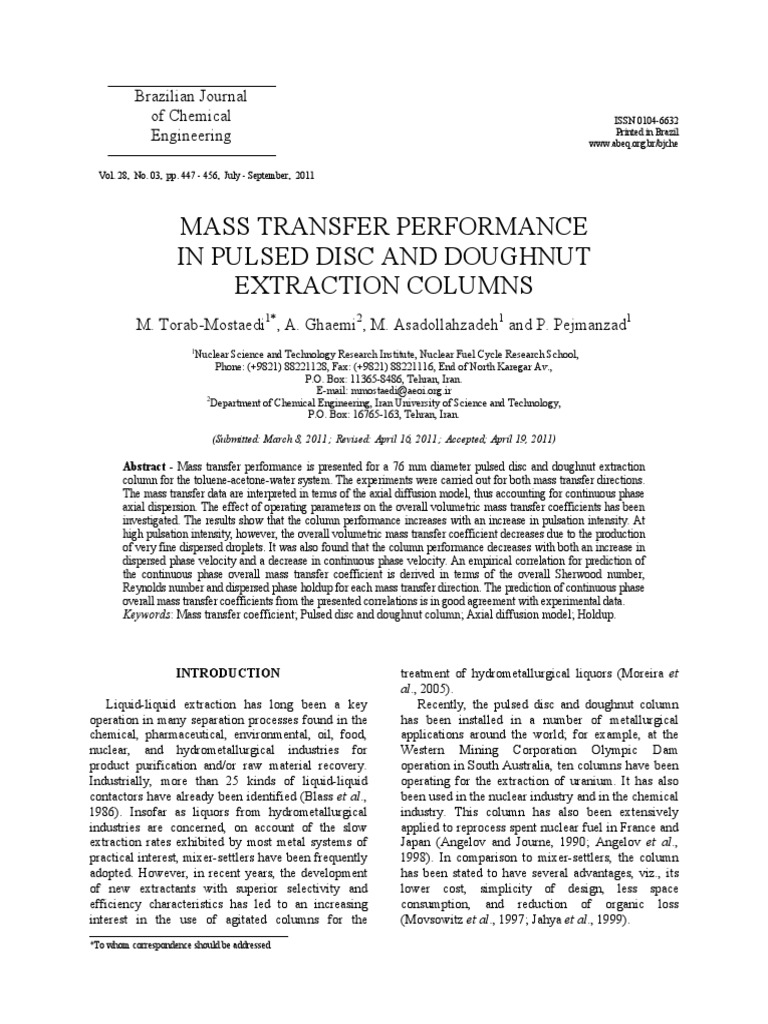 Mass Transfer in Pulsed Extraction Columns | PDF | Mass Transfer | Colloid