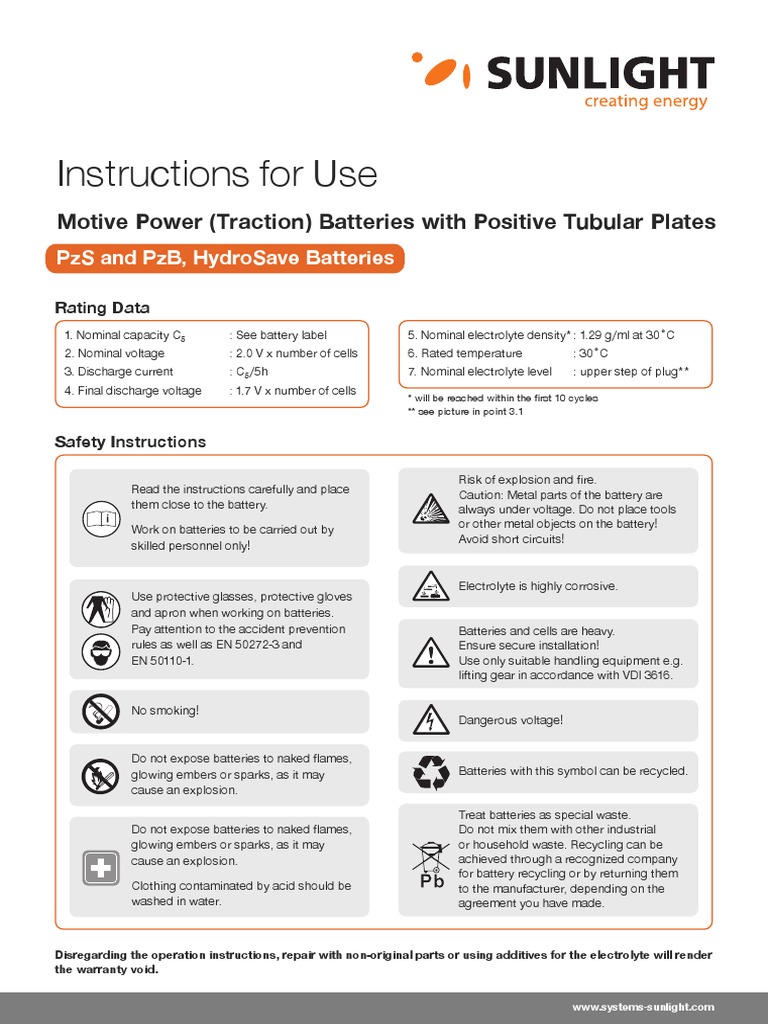 Instructions For Use: Motive Power (Traction) Batteries With Positive ...