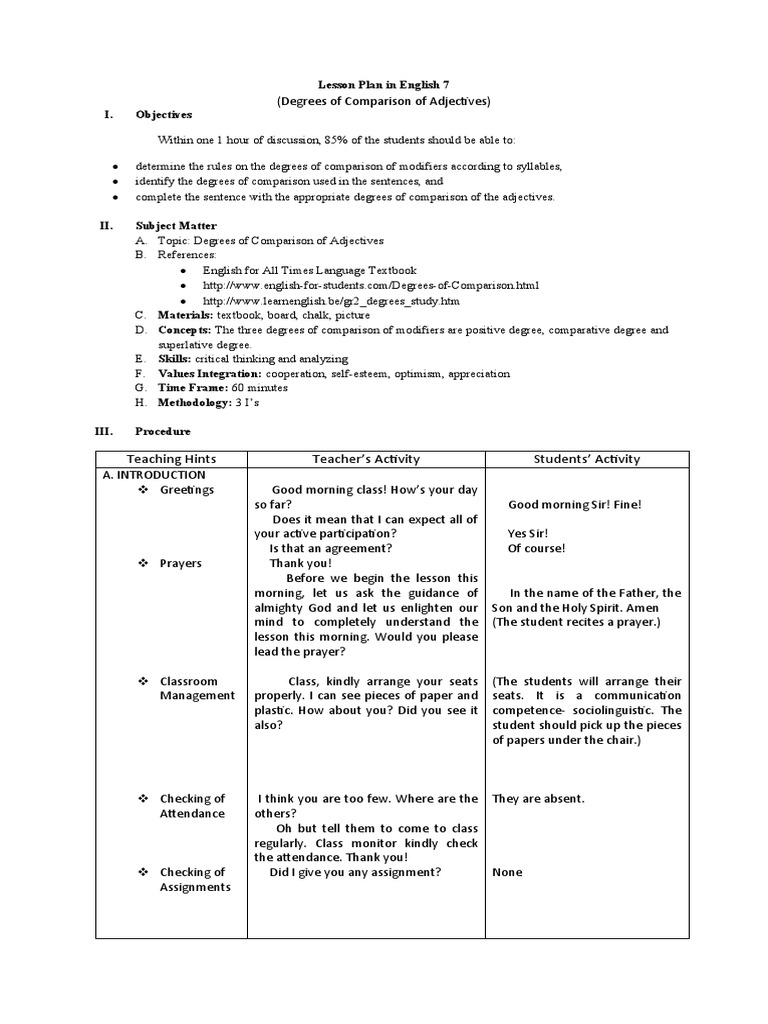 Lesson Plan in English - Grade 7 (Para Ranking Brad) | PDF | Adjective ...