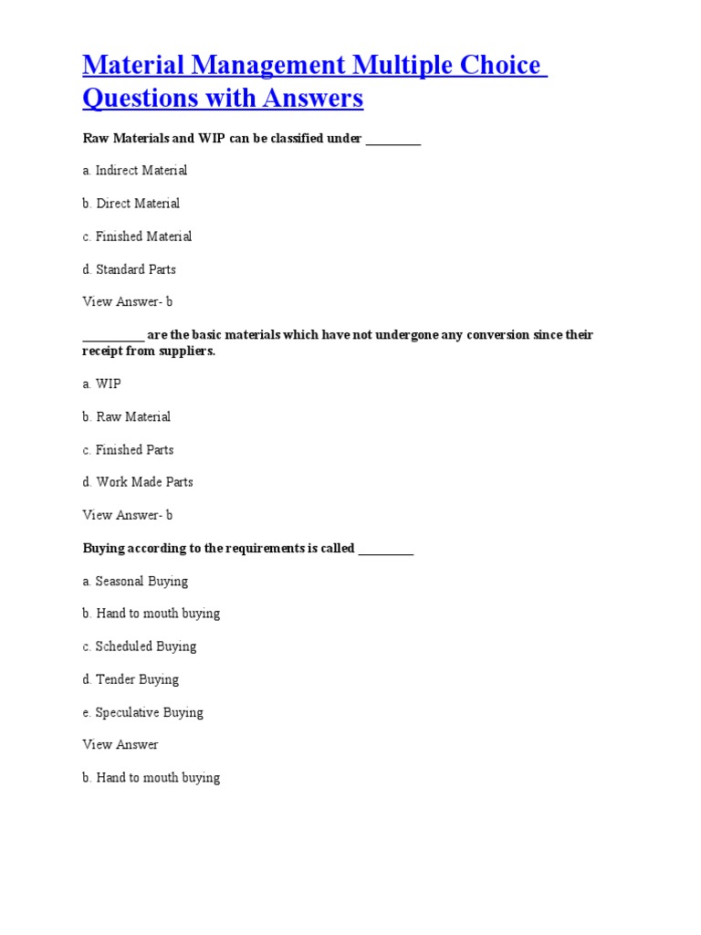 Material Management Multiple Choice Questions With Answers 2 | PDF ...