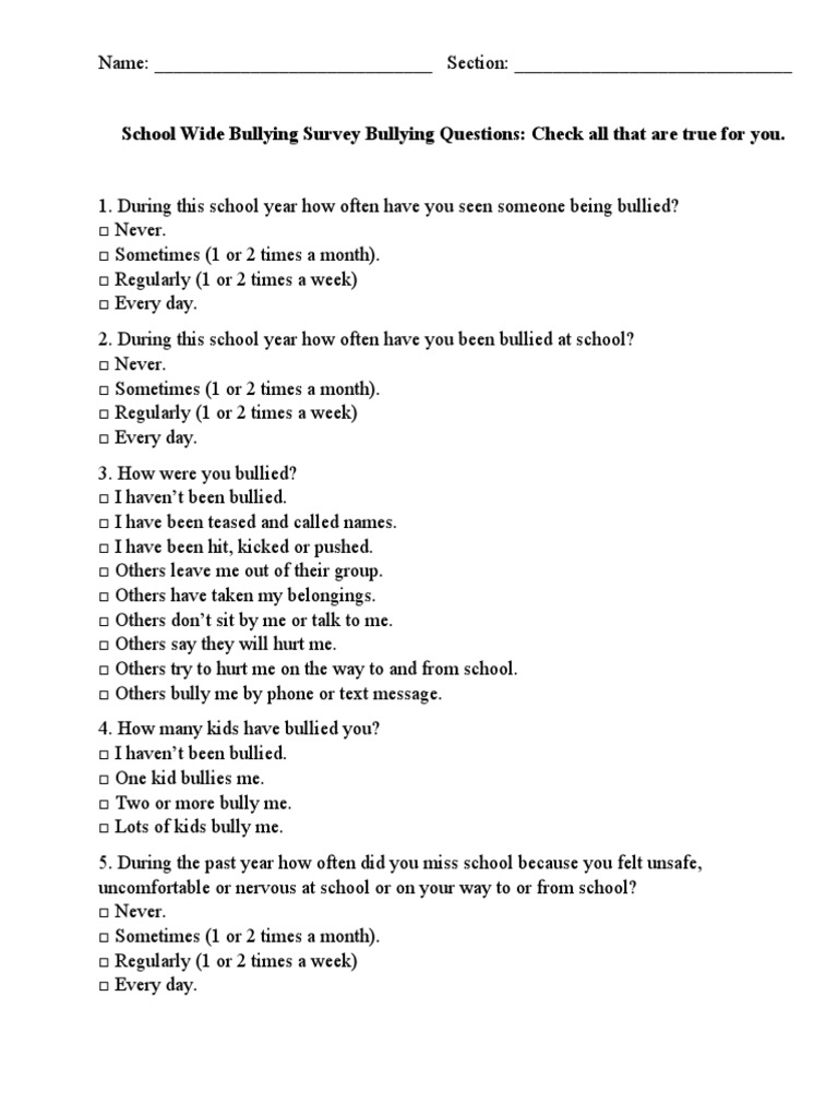 School Wide Bullying Survey Bullying Questions: Check All That Are True ...