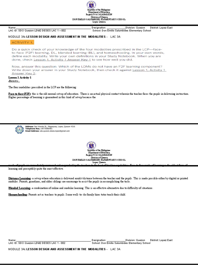 Module 3a Lesson Design and Assessment in The Modalities | PDF ...