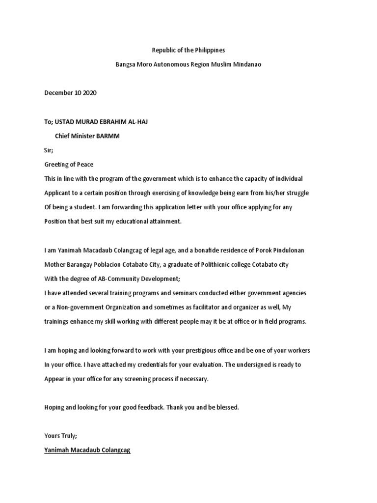 Application for Position in BARMM Office | PDF | Business | Social Science