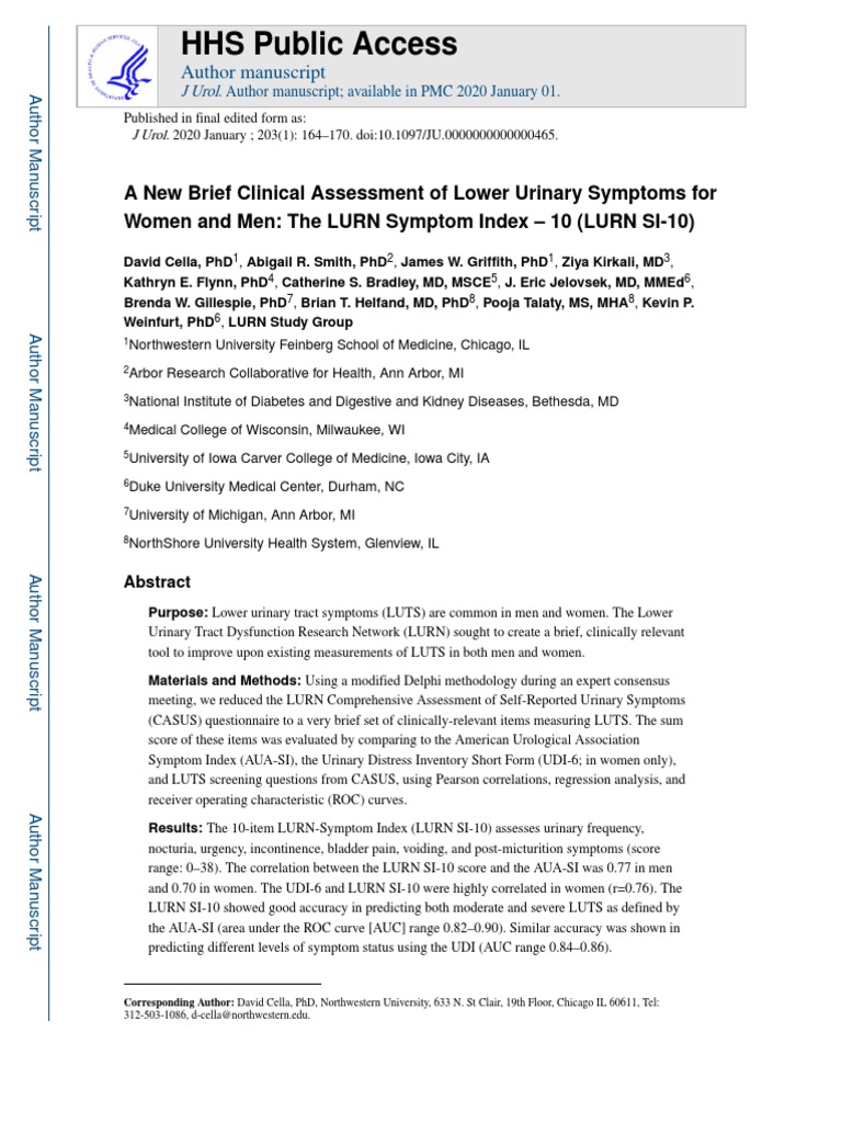 LUTS Assessment LURN Symptom Index | PDF | Urinary Incontinence ...
