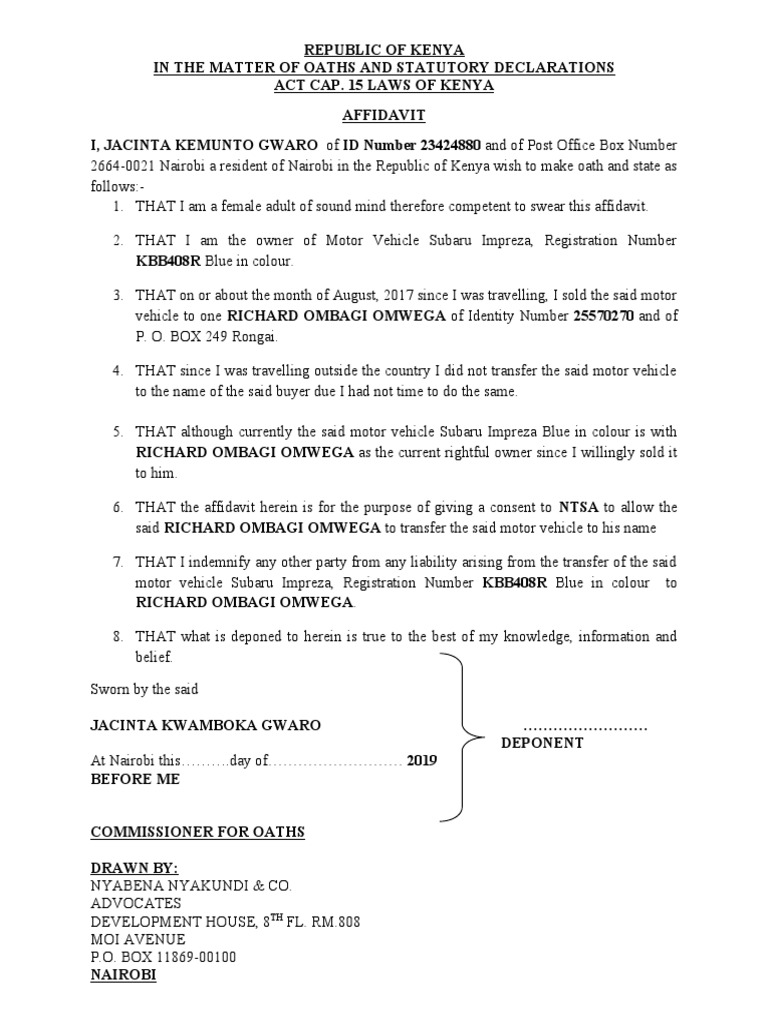 AFFIDAVIT - Transfer of Motor Vehicle | PDF
