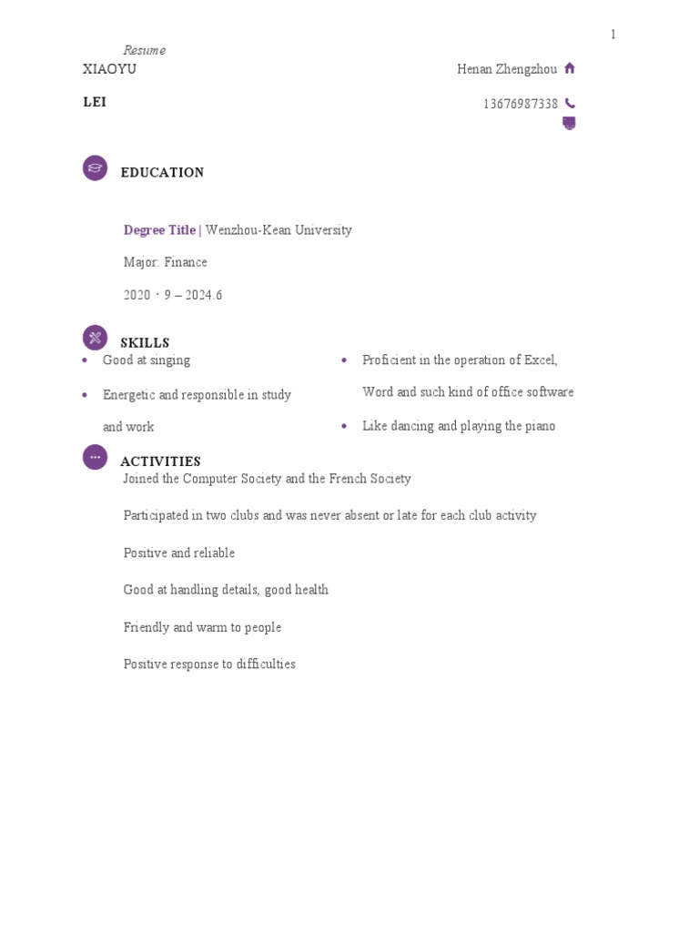 Finance Graduate Resume - Xiaoyu Lei | PDF