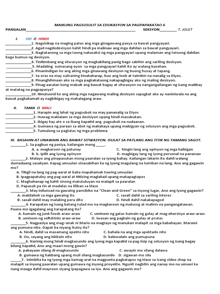 Maikling Pagsusulit Sa Esp 6 | PDF
