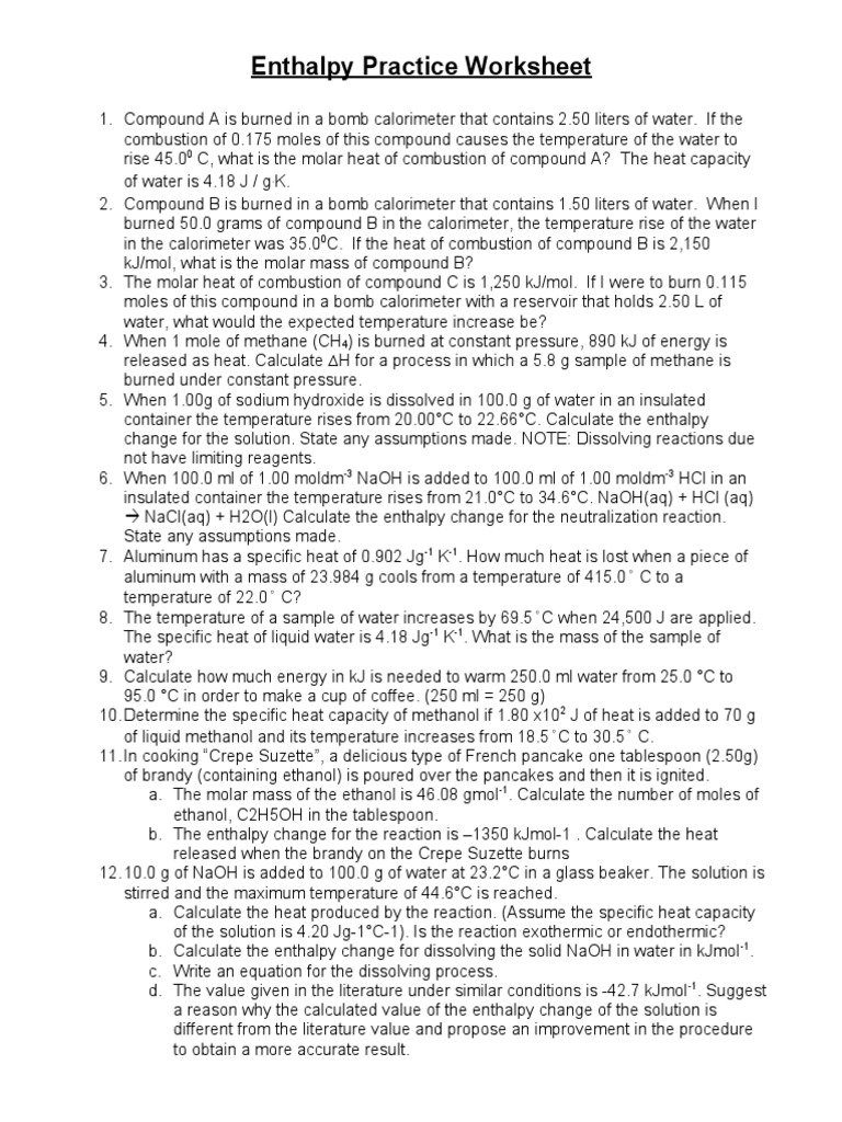 Enthalpy Practice Worksheet | PDF | Sodium Hydroxide | Mole (Unit)