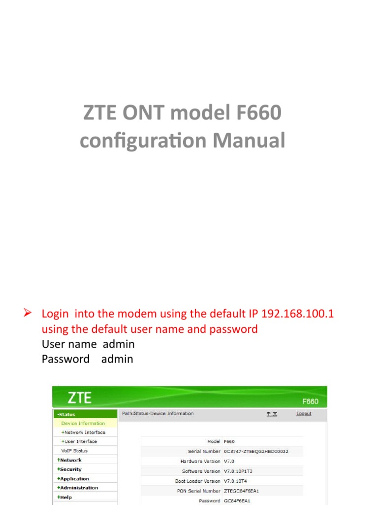 ZTE ONT Model F660 Configuration Manual | PDF