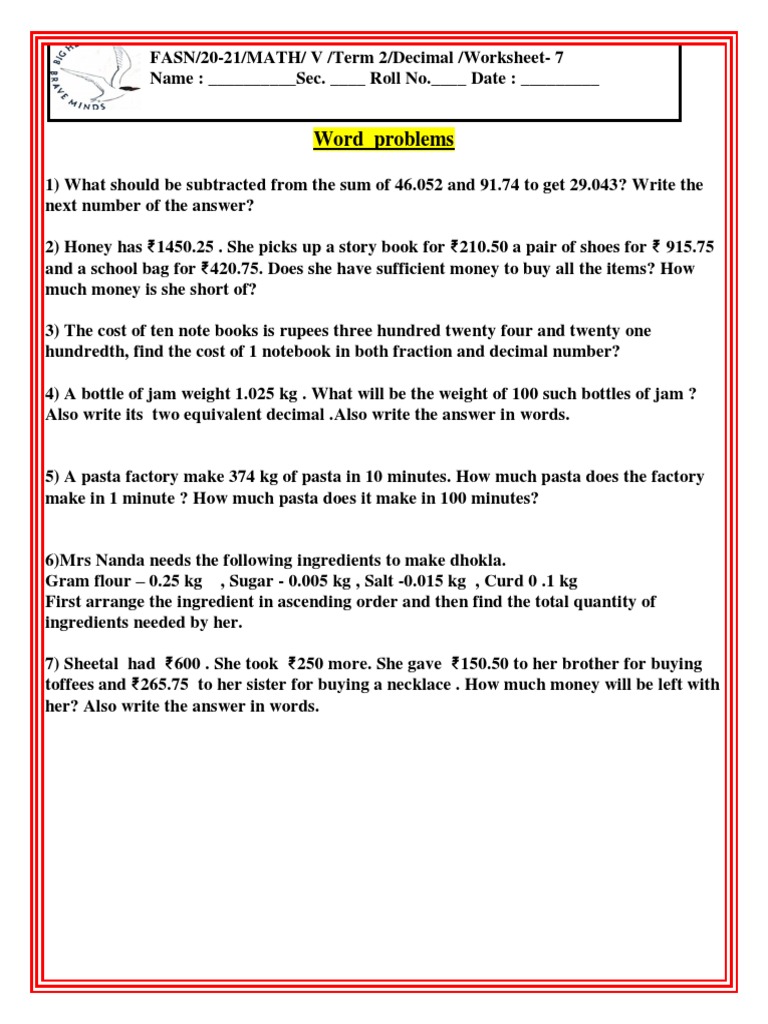 Decimals Word Problems | PDF | Career & Growth | Cooking, Food & Wine