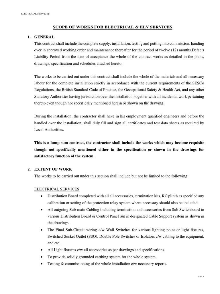 Scope of Works For Electrical & Elv Services | PDF | Fuse (Electrical ...