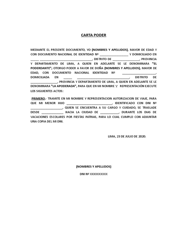 Modelo De Carta Poder Simple Para Autorizacion De Viaje – ONDMA