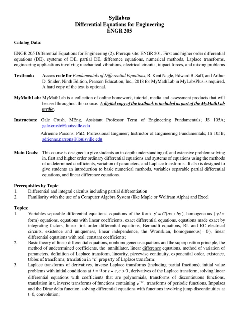 Syllabus Differential Equations For Engineering ENGR 205: Media | PDF ...