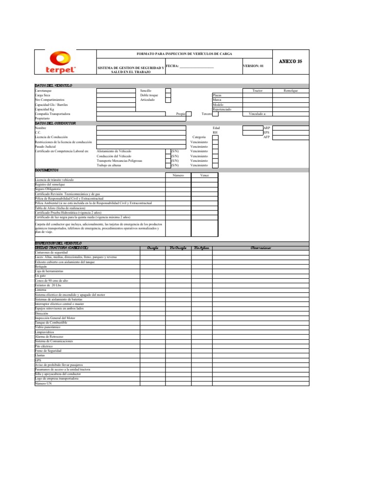 Anexo 35. Formato de Inspeccion Vehiculos de Carga | PDF | Remolque ...