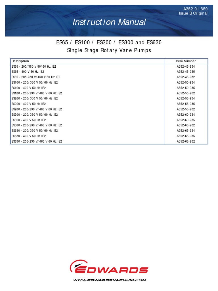 Instruction Manual: ES65 / ES100 / ES200 / ES300 and ES630 Single Stage Rotary Vane Pumps | PDF ...