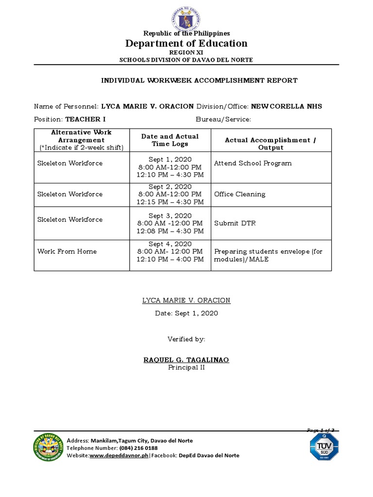Department of Education: Individual Workweek Accomplishment Report | PDF