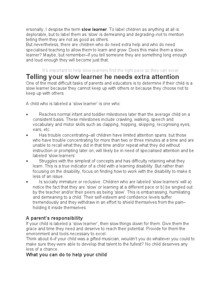 Helping Slow Learners Excel | PDF | Learning Disability | Attention