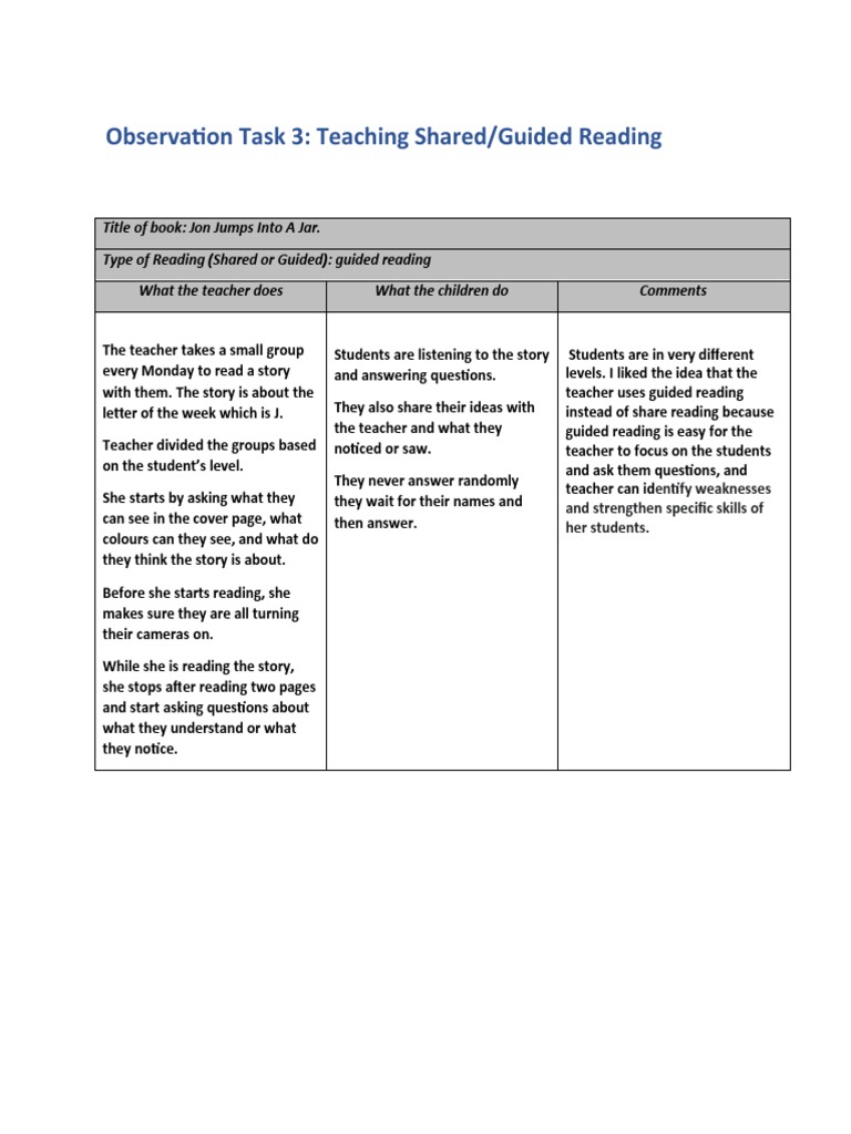 Observation Task 3: Teaching Shared/Guided Reading | PDF | Question | Teachers