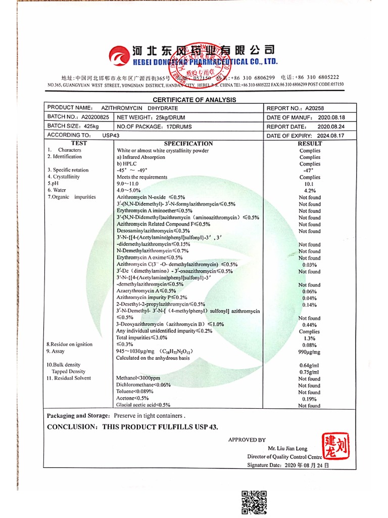 Batch Coa of Azithromycin Dihydrate Ex - Hebei Dongfeng Usp43 ...