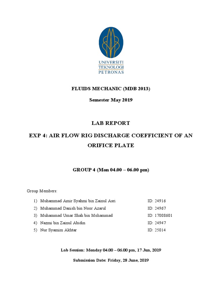 Lab Report Exp 4: Air Flow Rig Discharge Coefficient of An Orifice Plate | PDF | Flow ...