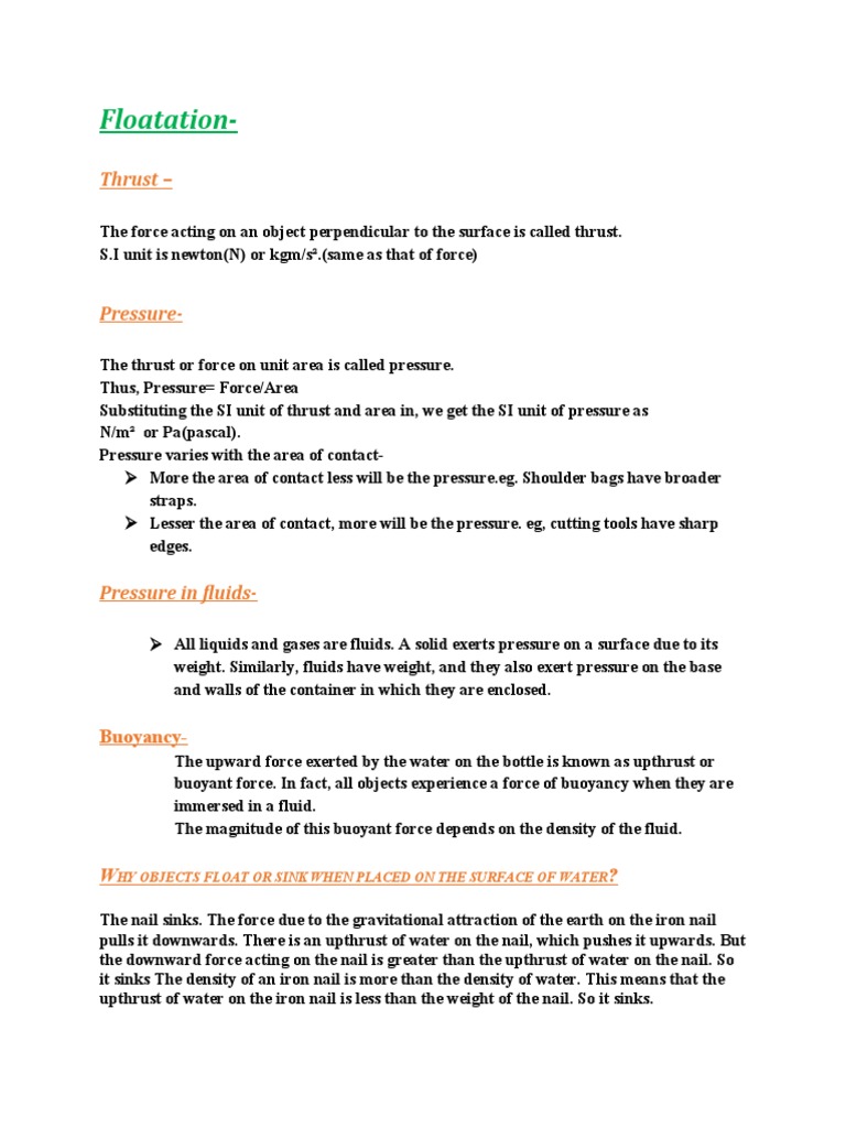 Floatation-: Thrust | PDF | Buoyancy | Density