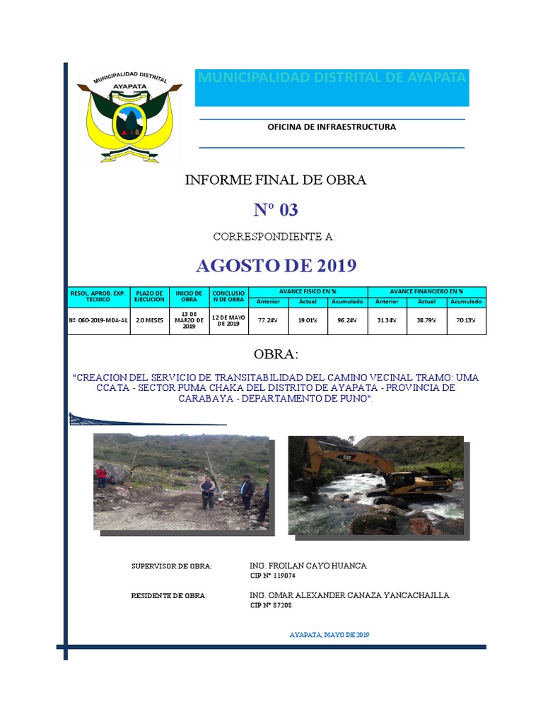 Informe Final de Obra Ayapata 2019 | PDF | Presupuesto | Ingeniería de ...