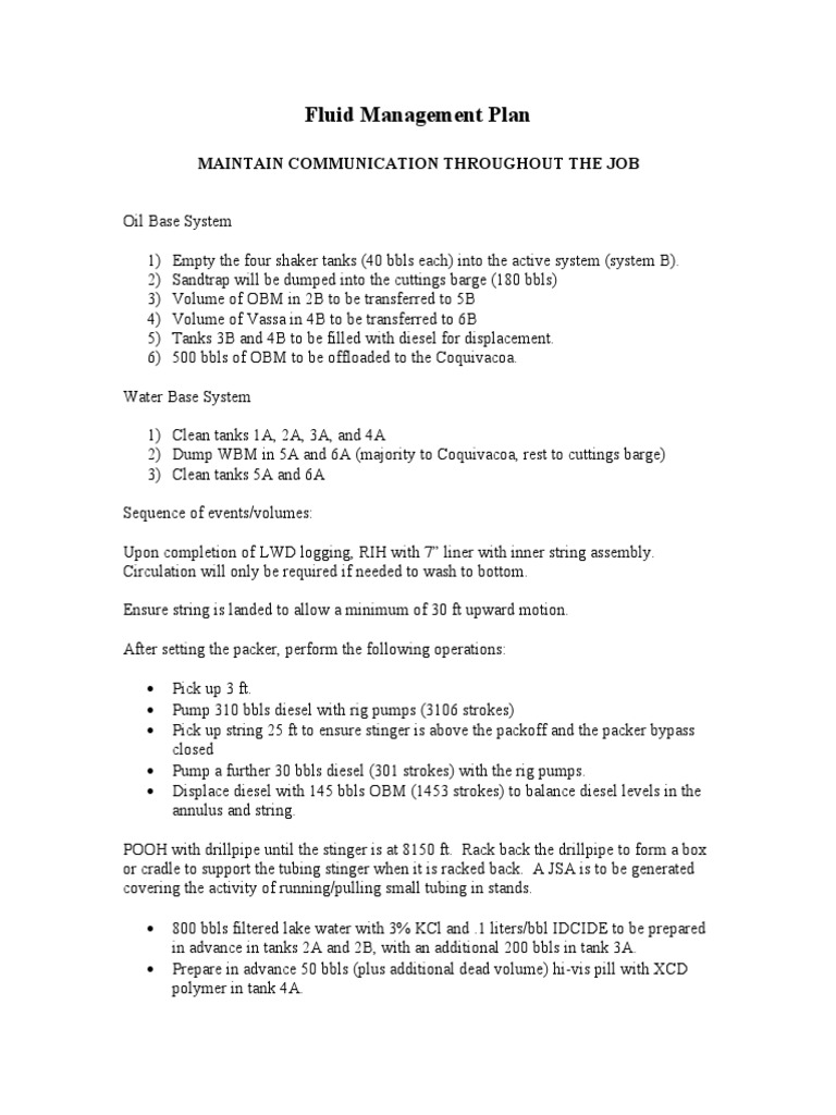 Fluid Management Plan | PDF | Barrel (Unit) | Pump