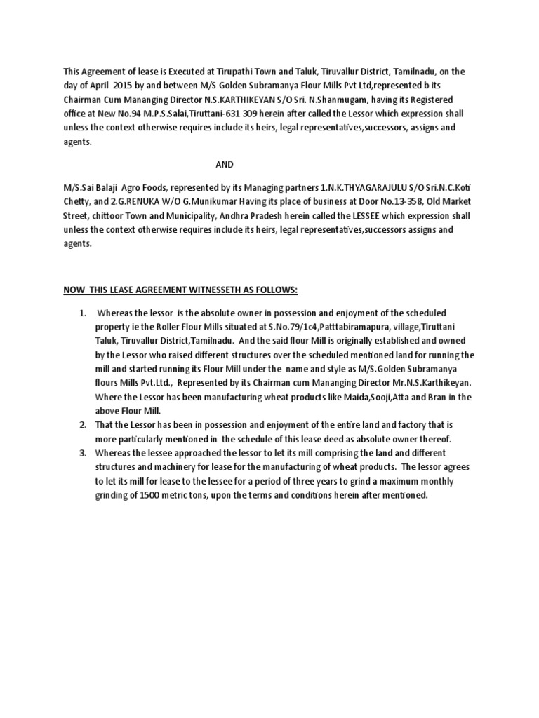 This Agreement of Lease Is Executed at Tirupathi Town and Taluk | PDF