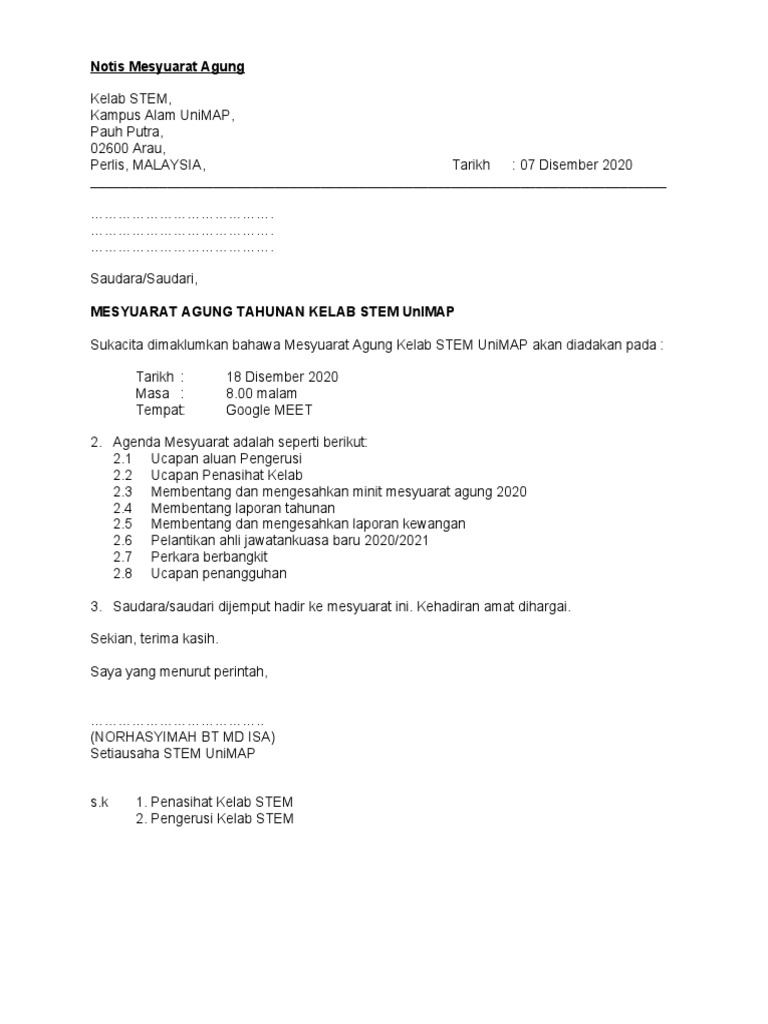 Contoh Surat Notis Mesyuarat Agung2 | PDF