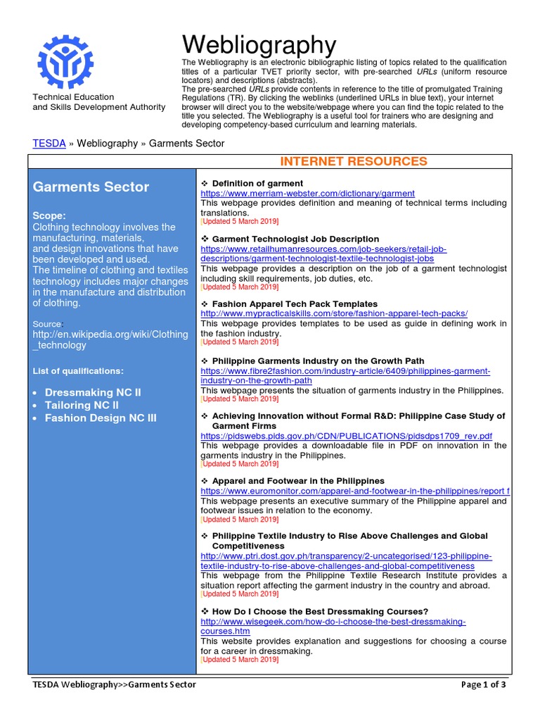 TESDA Garments Sector Resources Guide | PDF | Sewing | Clothing