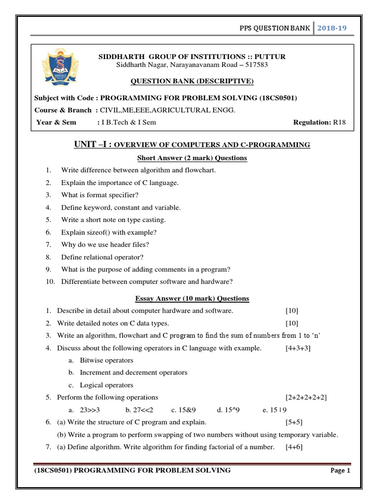 18cs0501 Pps Pdf Pointer Computer Programming Parameter Computer Programming
