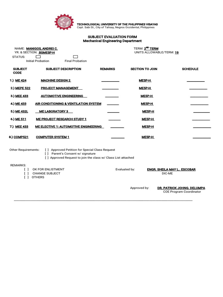 Manigos Andrei C. Subject Evaluation Form | PDF