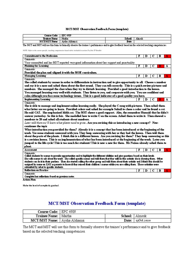 MCT/MST Observation Feedback Form (Template) | PDF | Teaching | Teachers