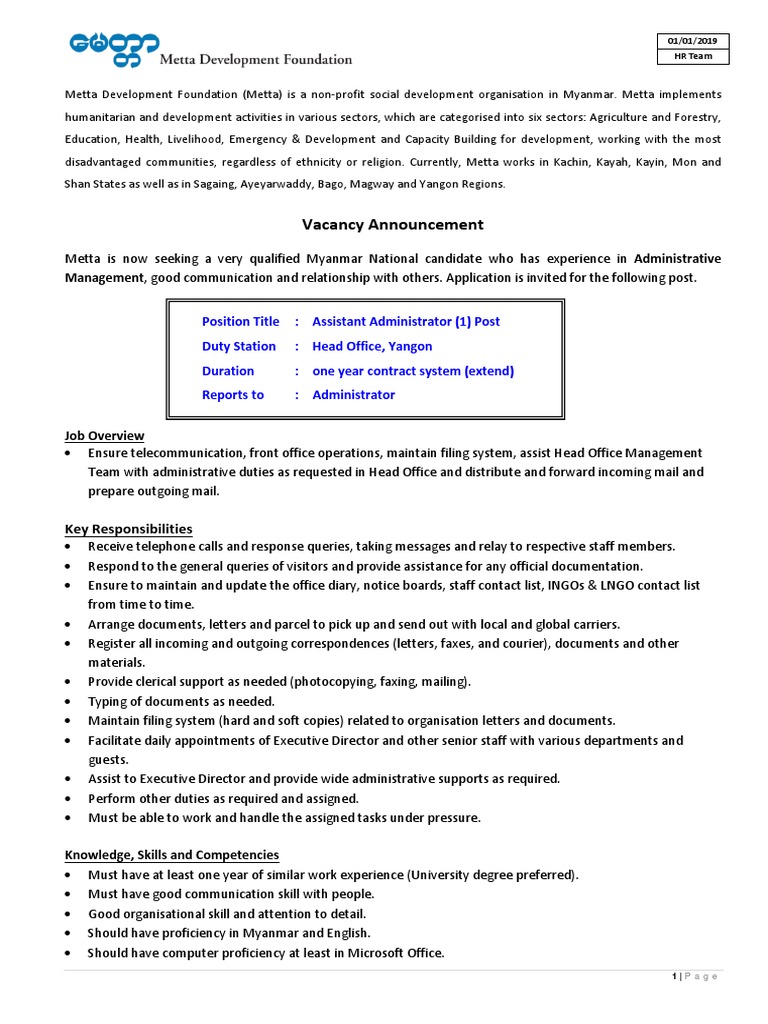 Job Vacancy For Assistant Admin Metta | PDF | Myanmar | Mail