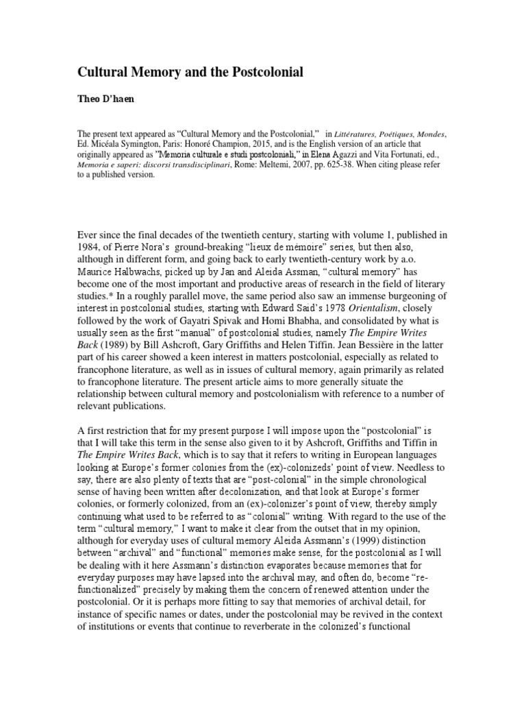 Cultural Memory in Postcolonial Studies | PDF | Postcolonialism ...