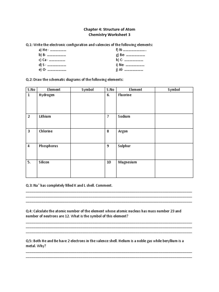 Chapter 4: Structure of Atom Chemistry Worksheet 3 | PDF