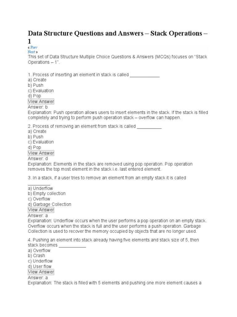 Data Structure Questions and Answers - Stack Operations - 1: Prev Next ... Data Structure Questions and Answers - Stack Operations - 1: Prev Next ...