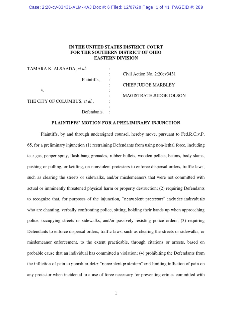 Alsaada, Et Al Vs City of Columbus / Motion For Preliminary Injunction ...