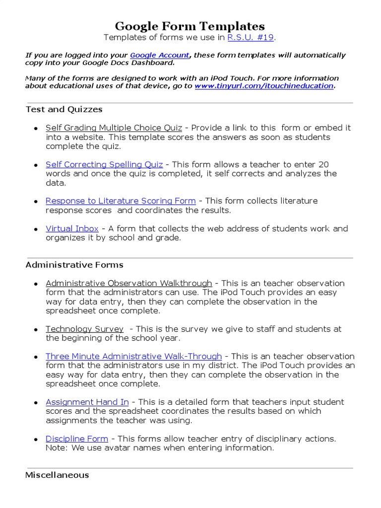 Google Form Templates For Education | PDF | Quiz | Spreadsheet