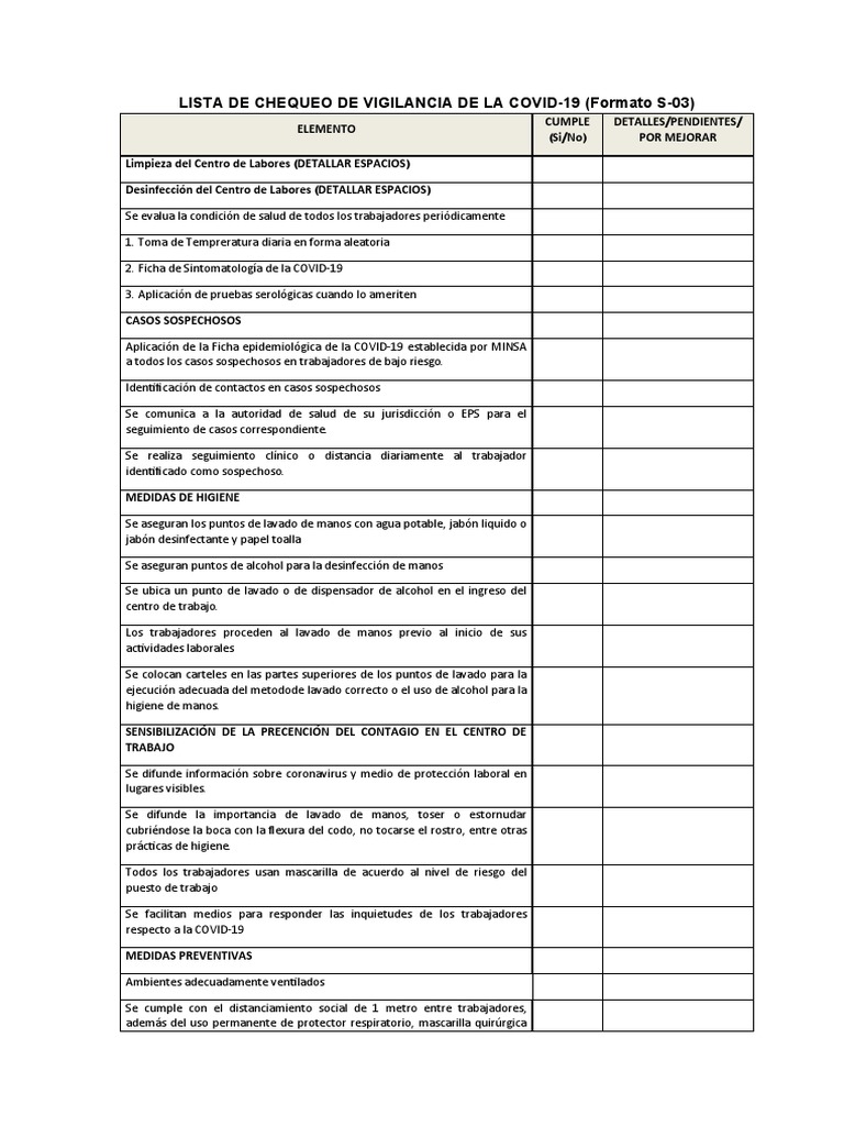 Formato - S03 Lista de Chequeos de Vigilancia Covid | PDF | Lavado de ...