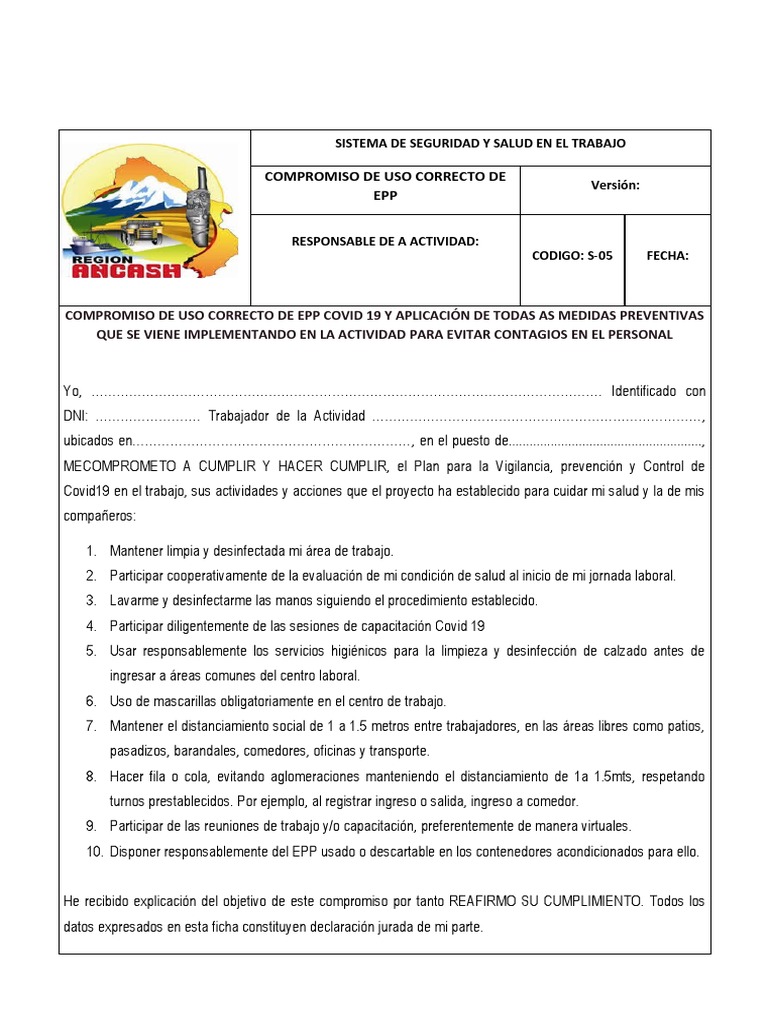 Formato - S05 Compromiso de Uso Correcto Epp Covid | PDF | Business