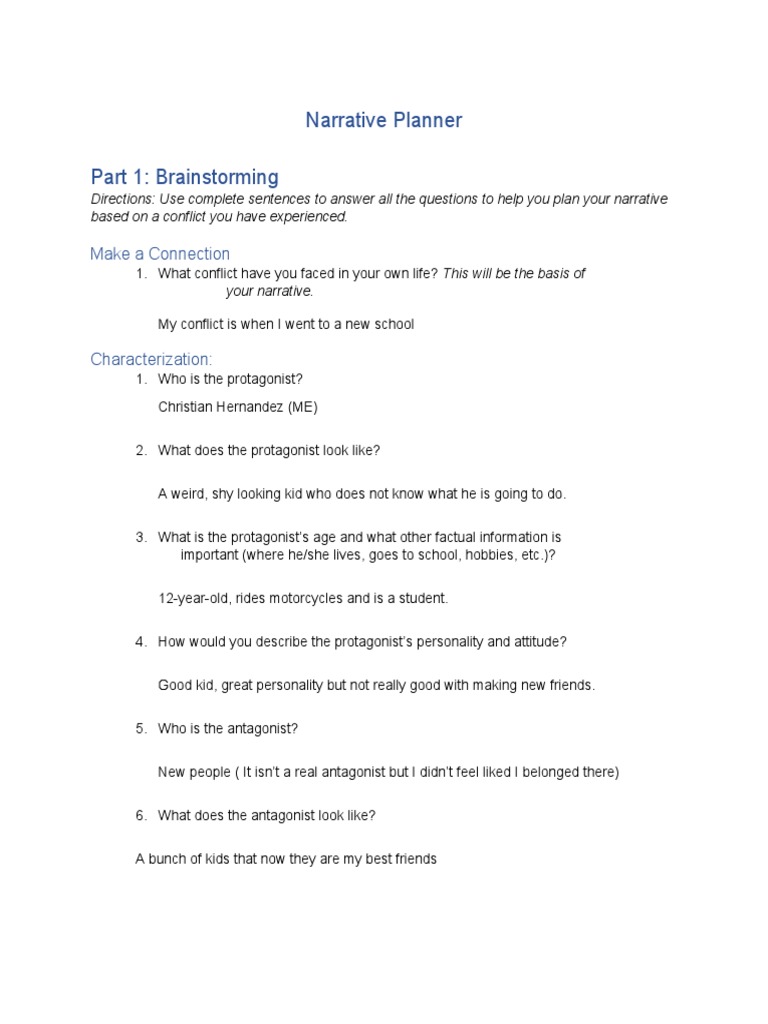 Narrative Planner Part 1: Brainstorming: Make A Connection | PDF ...
