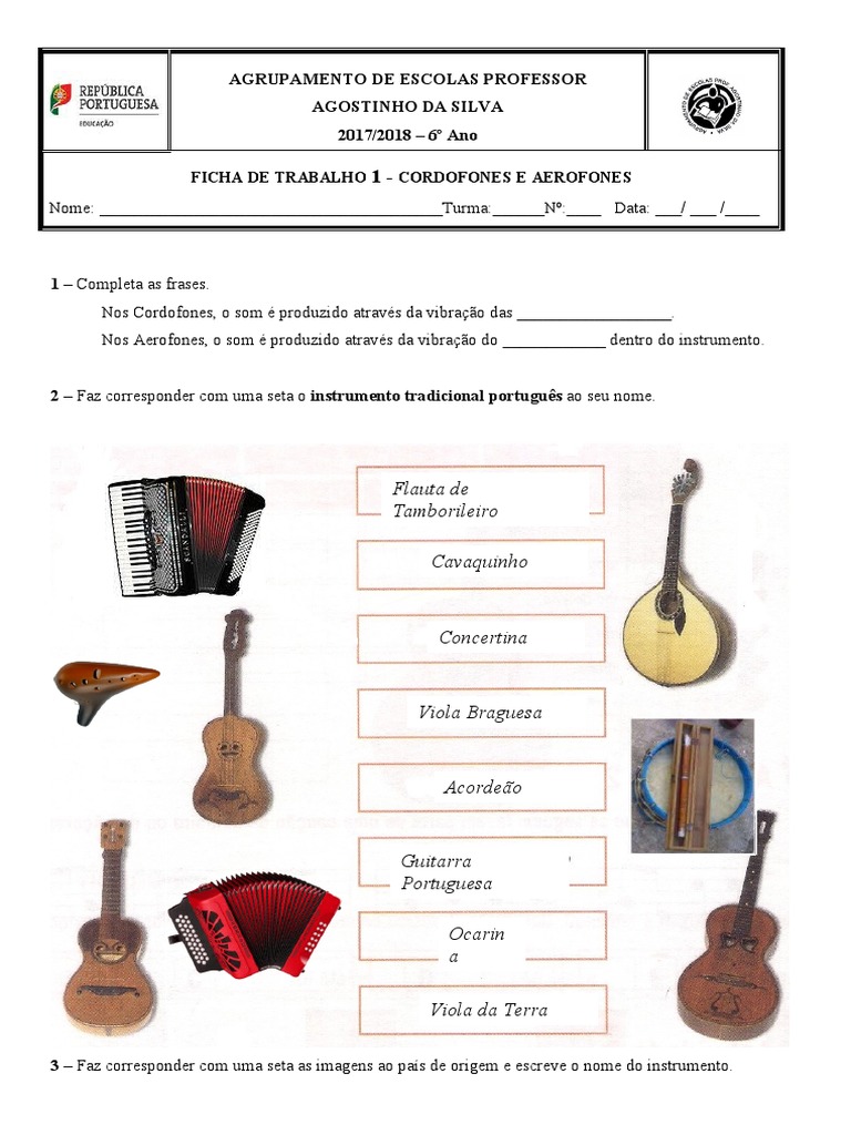 Ficha Cordofones e Aerofones | Download grátis PDF | Instrumentos ...