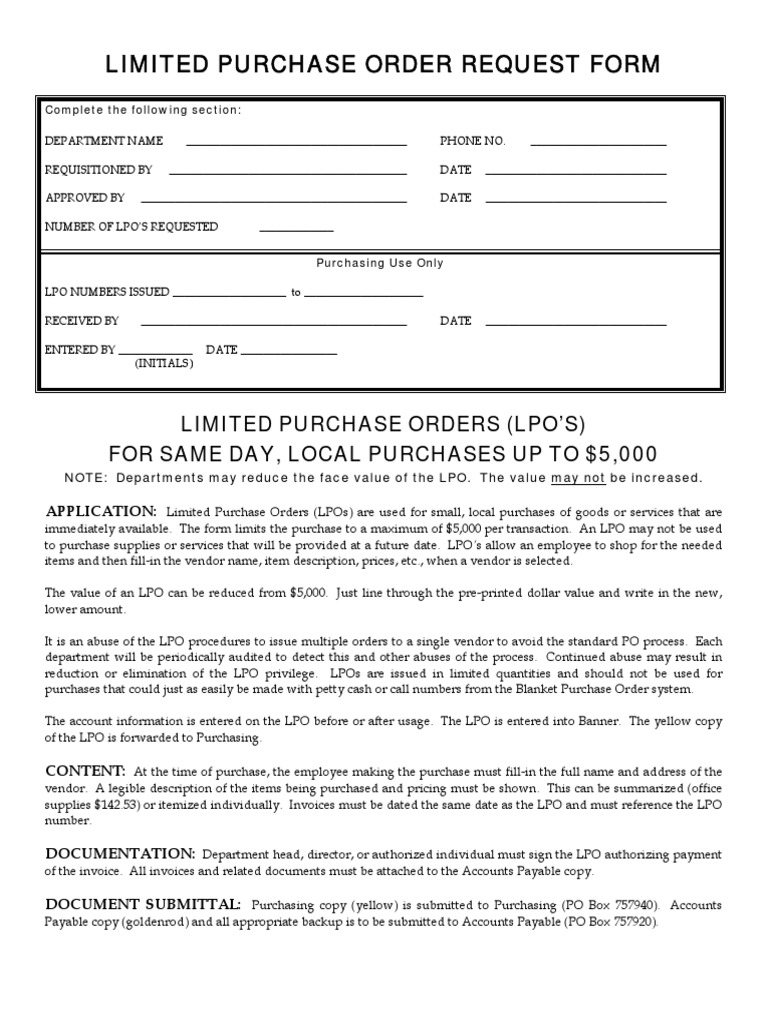 Limited Purchase Order Request Form: Limited Purchase Orders (LPO'S ...